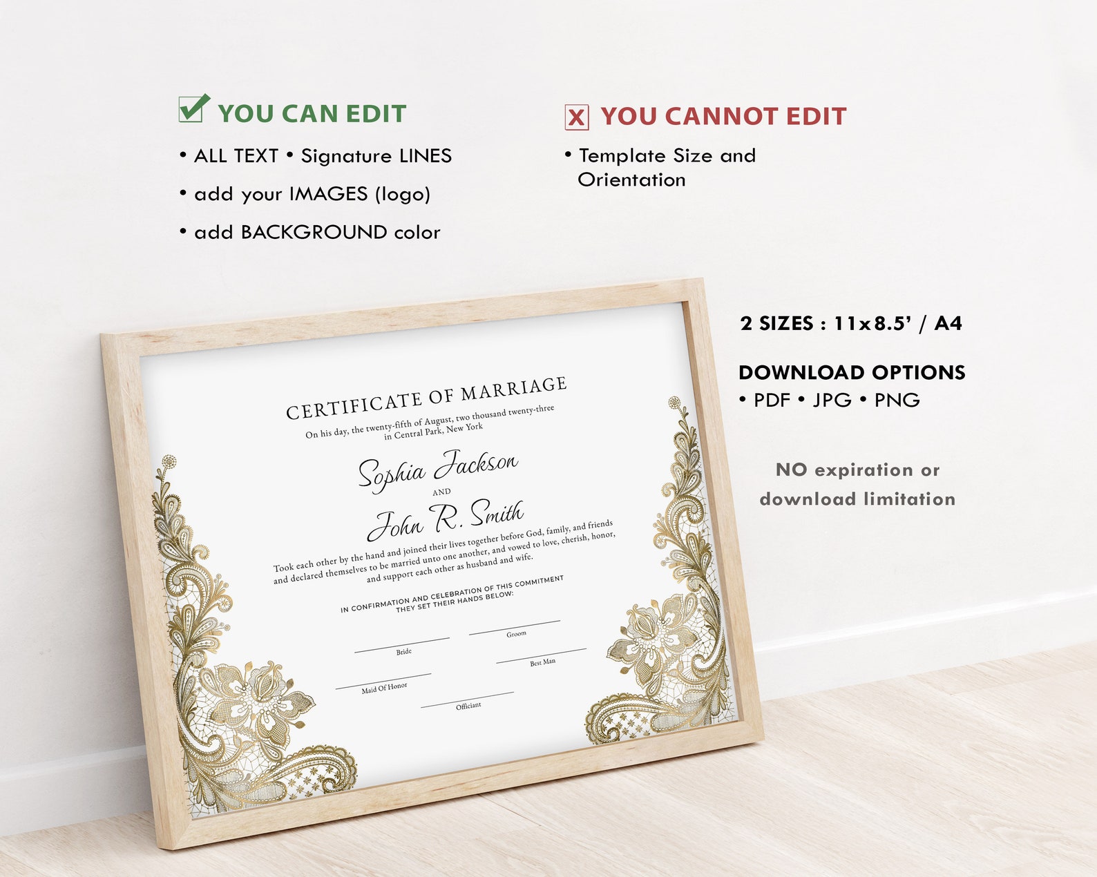 Editable Certificate of Marriage, Wedding Keepsake Marriage Certificate Template, Personalized ...