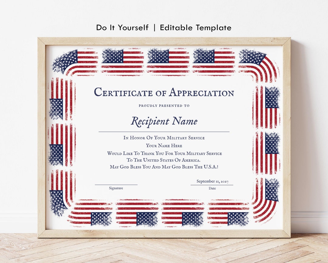 American Veterans Appreciation Certificate Honoring Military Service ...