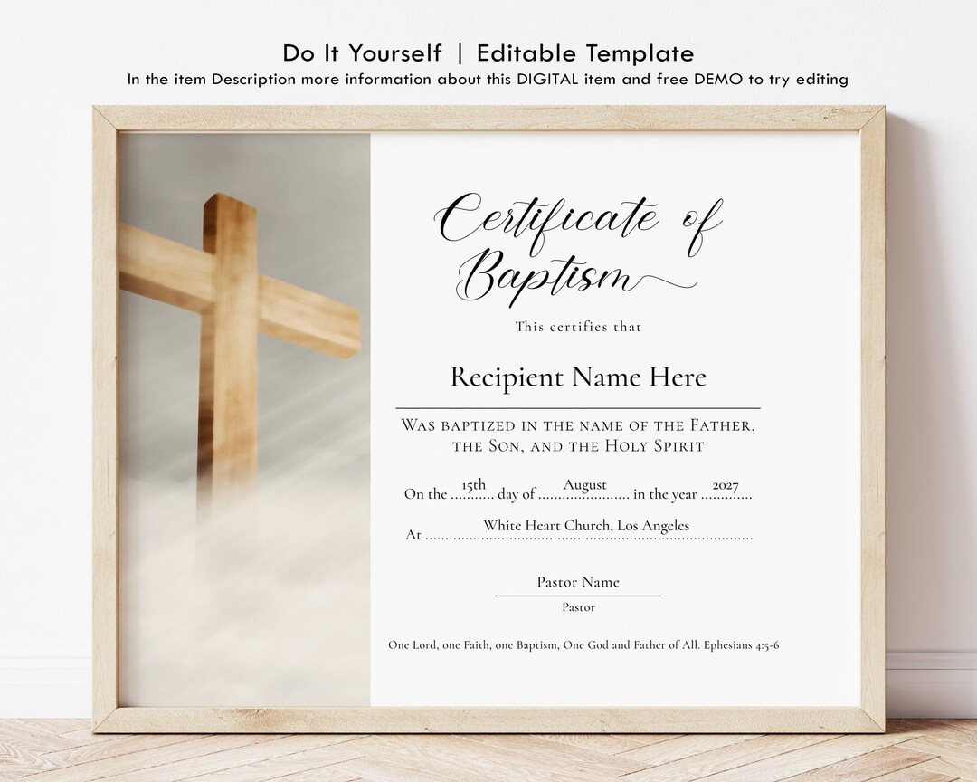 Editable Baptism Certificate Template, Printable Certificate of Baptism ...