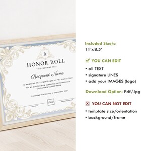 Editable Honor Roll Certificate Template, Elementary School Student ...