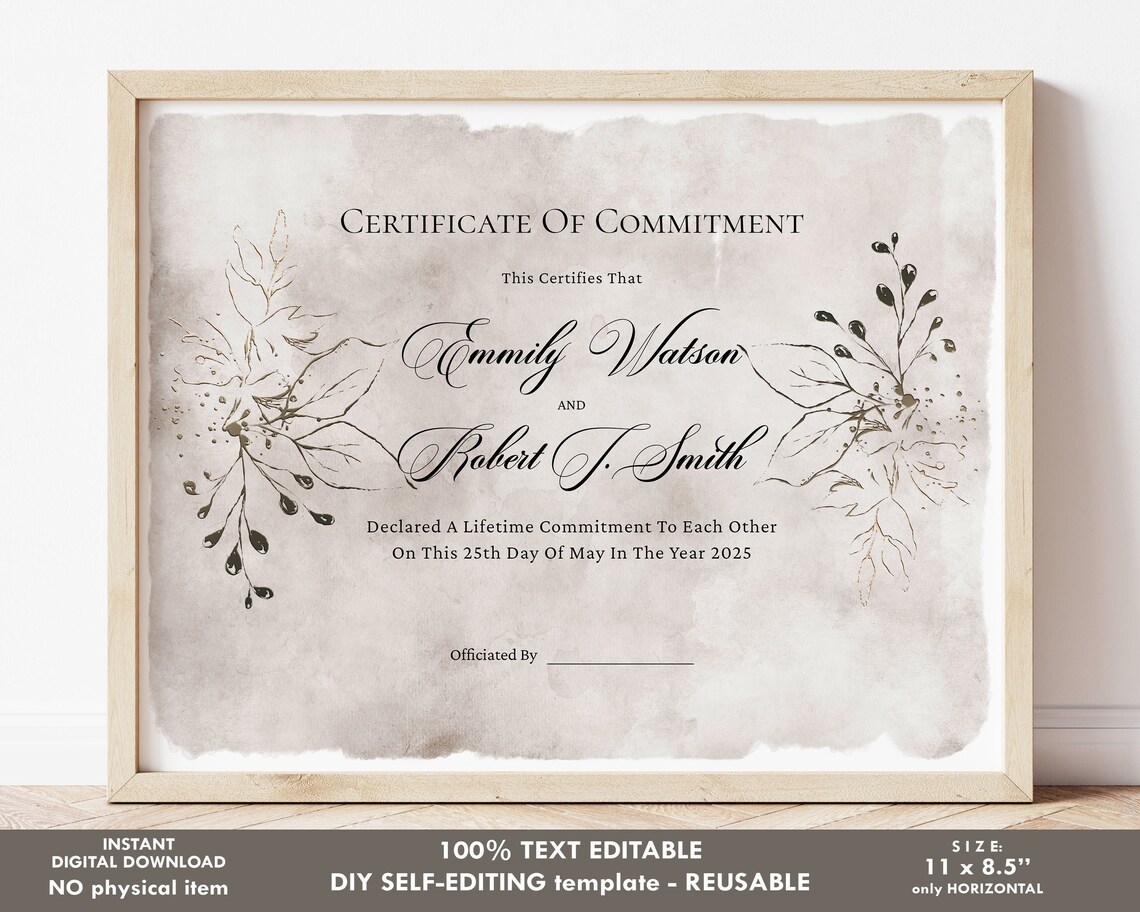 Commitment Certificate Template Editable Printable | Etsy