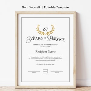 25 Years of Service Anniversary Award Certificate of Appreciation ...