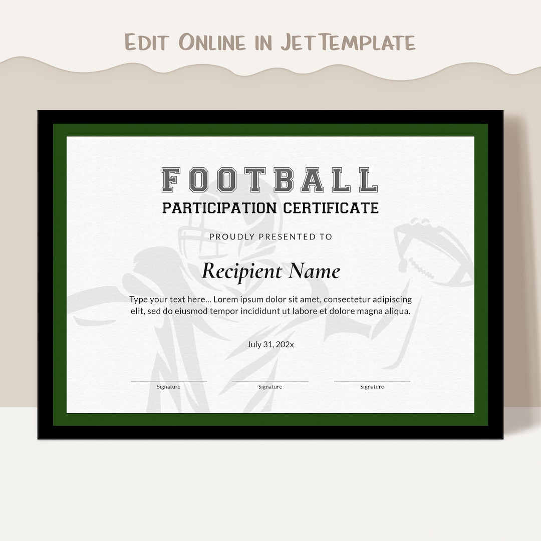 EDITABLE Football Participation Certificate Template, American Football ...