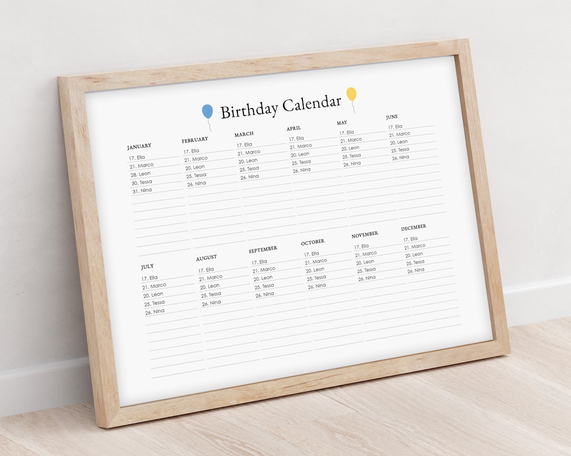 Editable Printable Perpetual Birthday Calendar Minimalist - Etsy