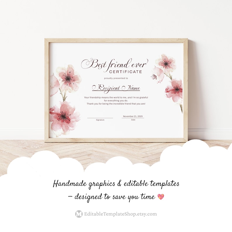 Editable Best Friend Forever Certificate Template, Personalized Gift ...