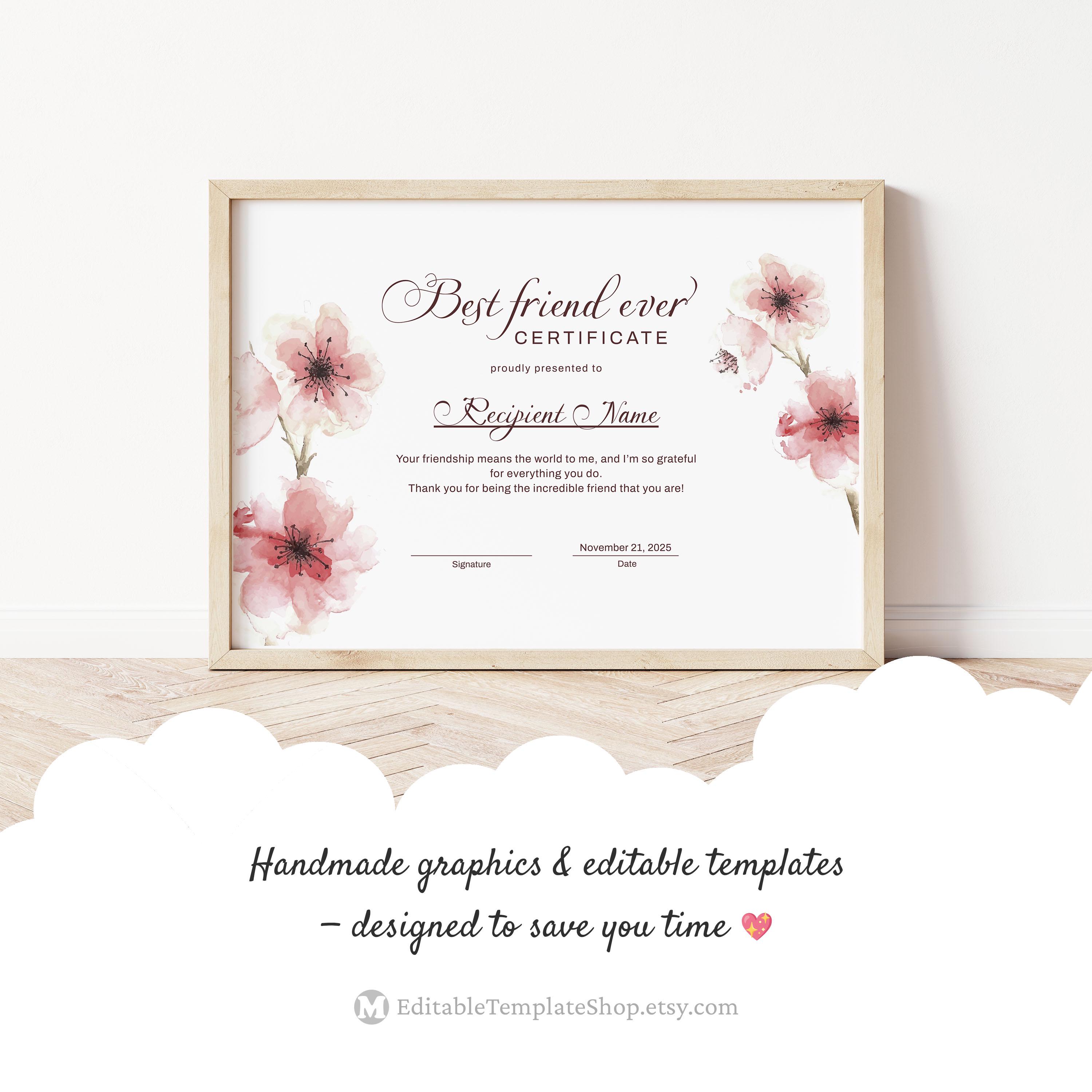Editable Best Friend Forever Certificate Template, Personalized Gift ...