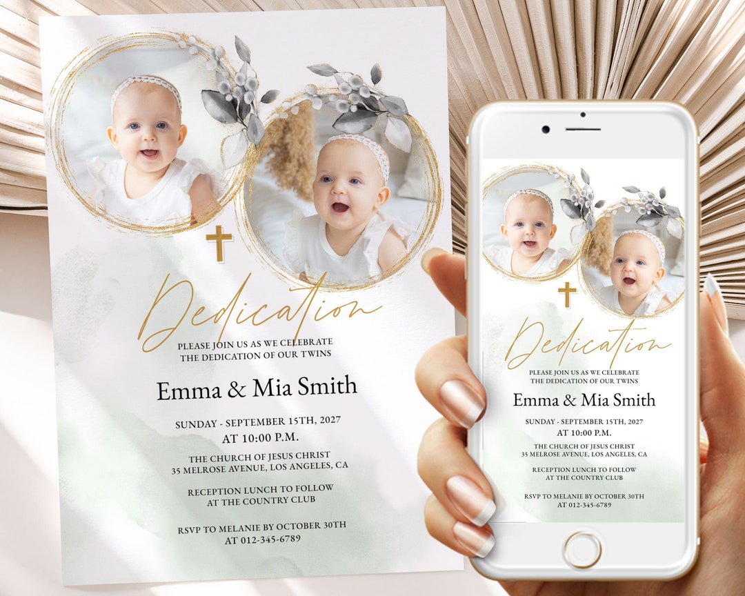 Dedication for Twins Invitation Template With Photos, Baptism ...