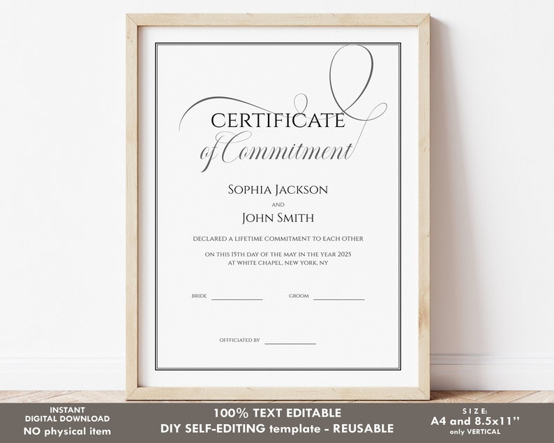 Editable Commitment Certificate Template Printable Wedding - Etsy