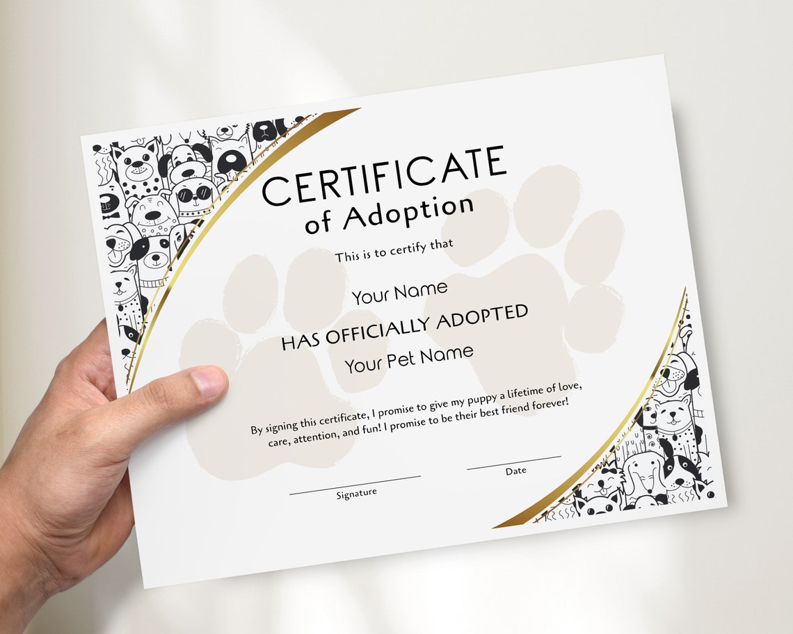 EDITABLE Puppy Adoption Certificate Template Gift Certificate - Etsy UK
