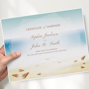 Beach Wedding Ceremony Certificate Template Editable Summer Beach ...