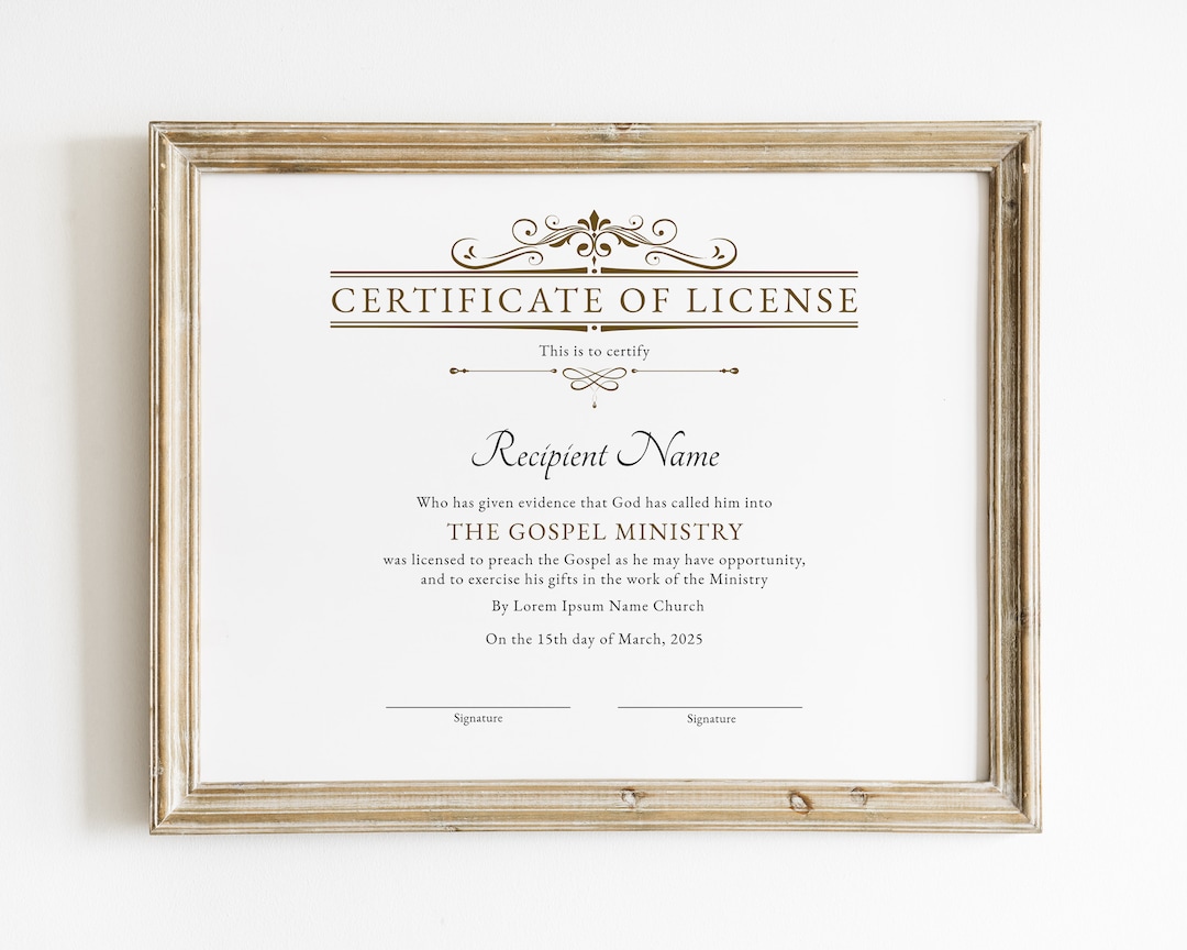 Editable License to Preach Template, Printable Certificate of License ...