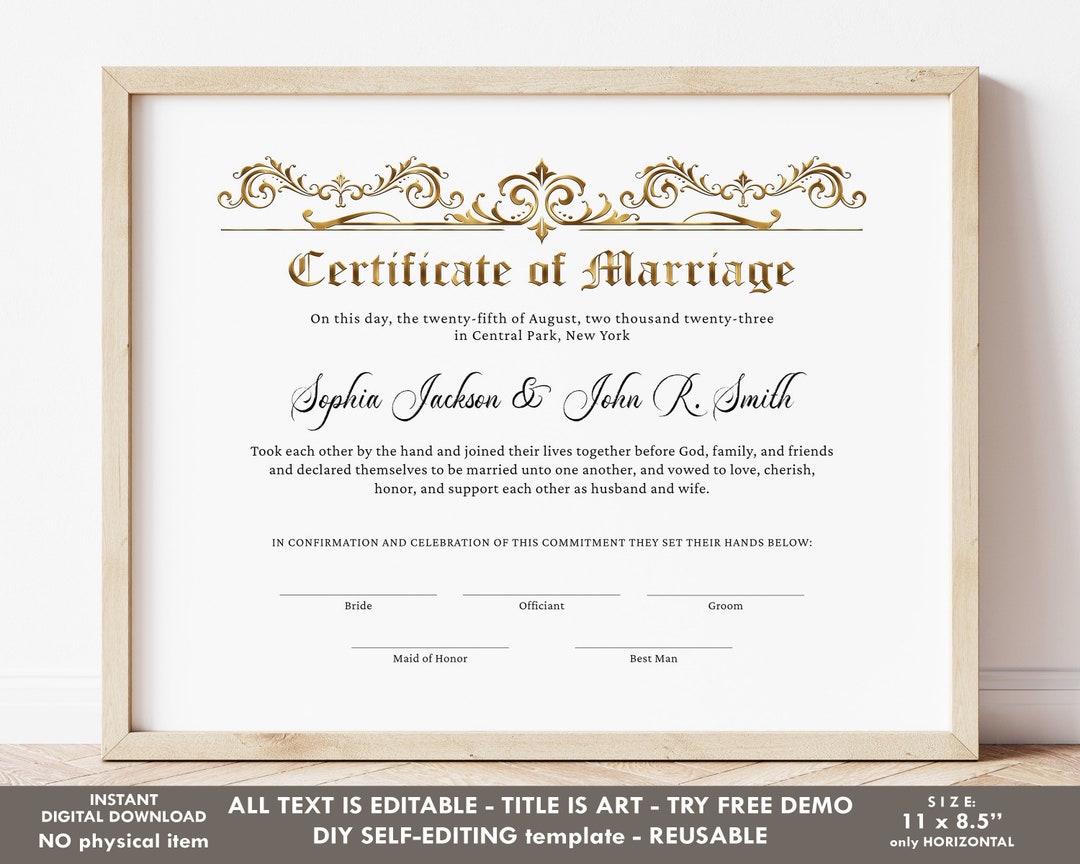 Wedding Marriage Keepsake Certificate Template, EDITABLE Simple ...