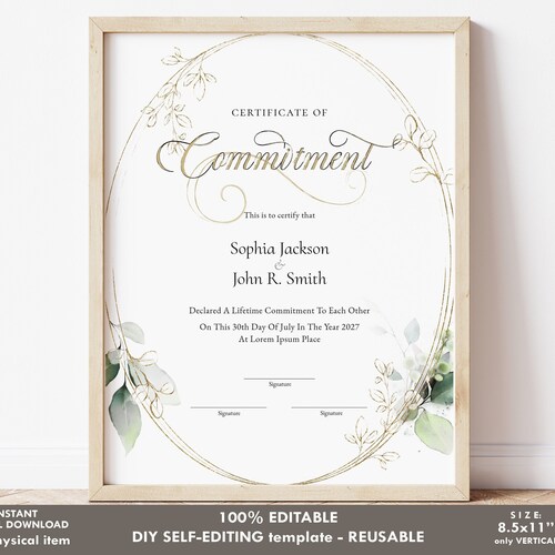 Certificate of Commitment Editable Template Printable - Etsy