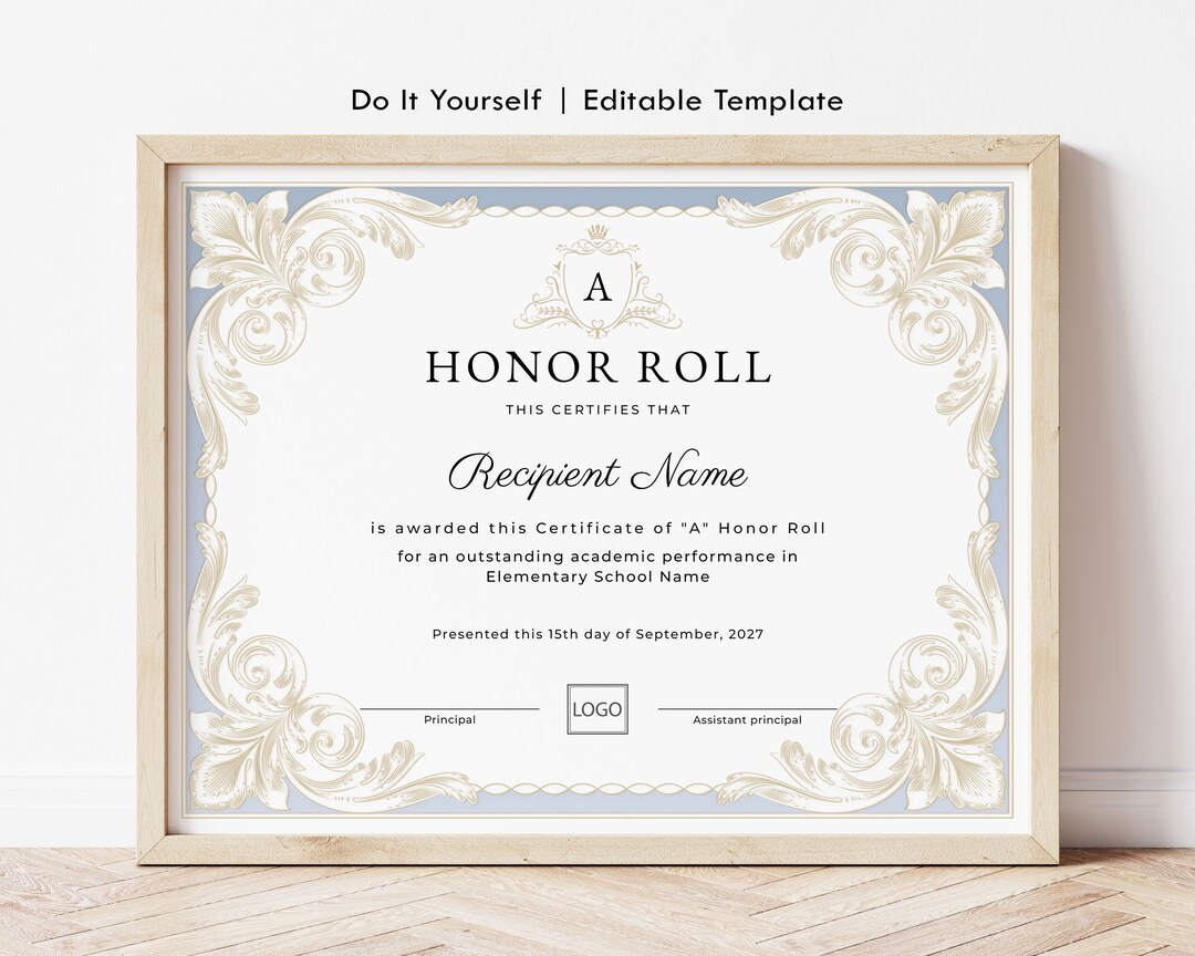 Editable Honor Roll Certificate Template, Elementary School Student ...