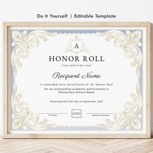 Editable Honor Roll Certificate Template, Elementary School Student ...