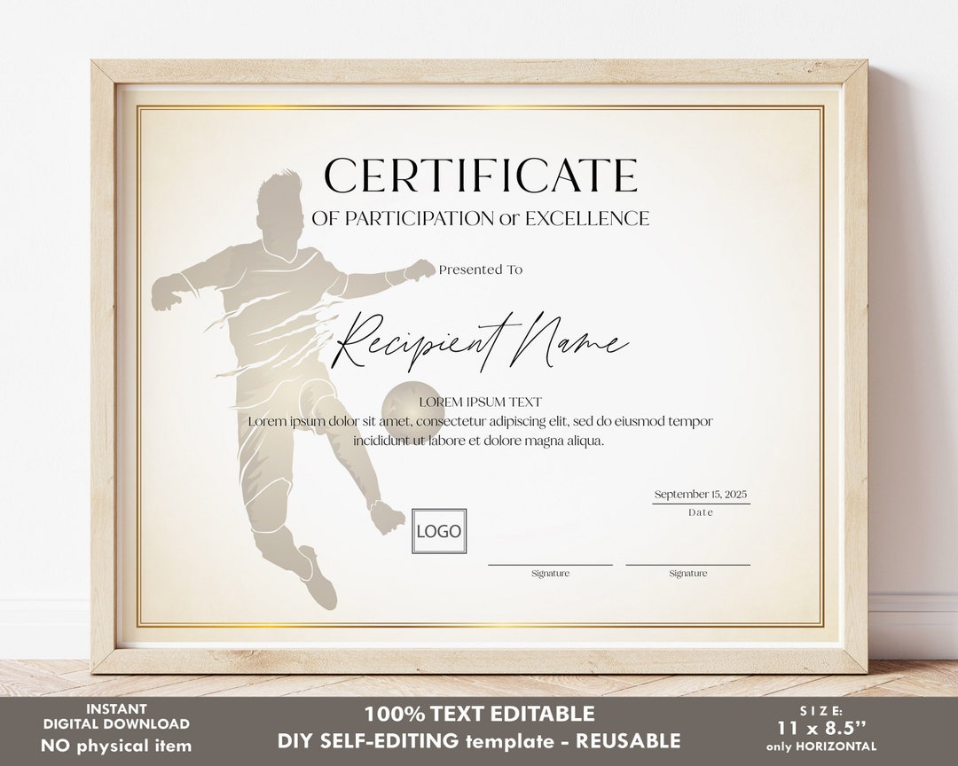 Soccer Football Certificate Template, Sports Certificate Award Editable ...