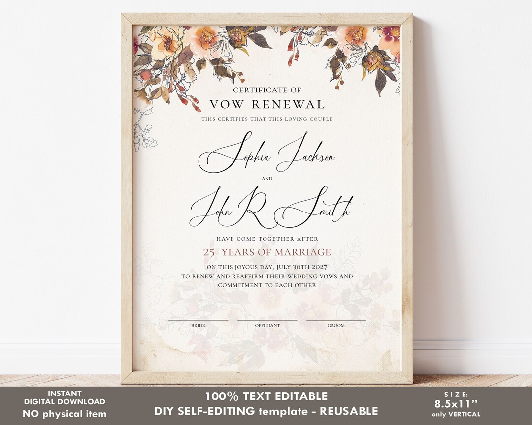 Boho Floral Vow Renewal Certificate Template Watercolor - Etsy