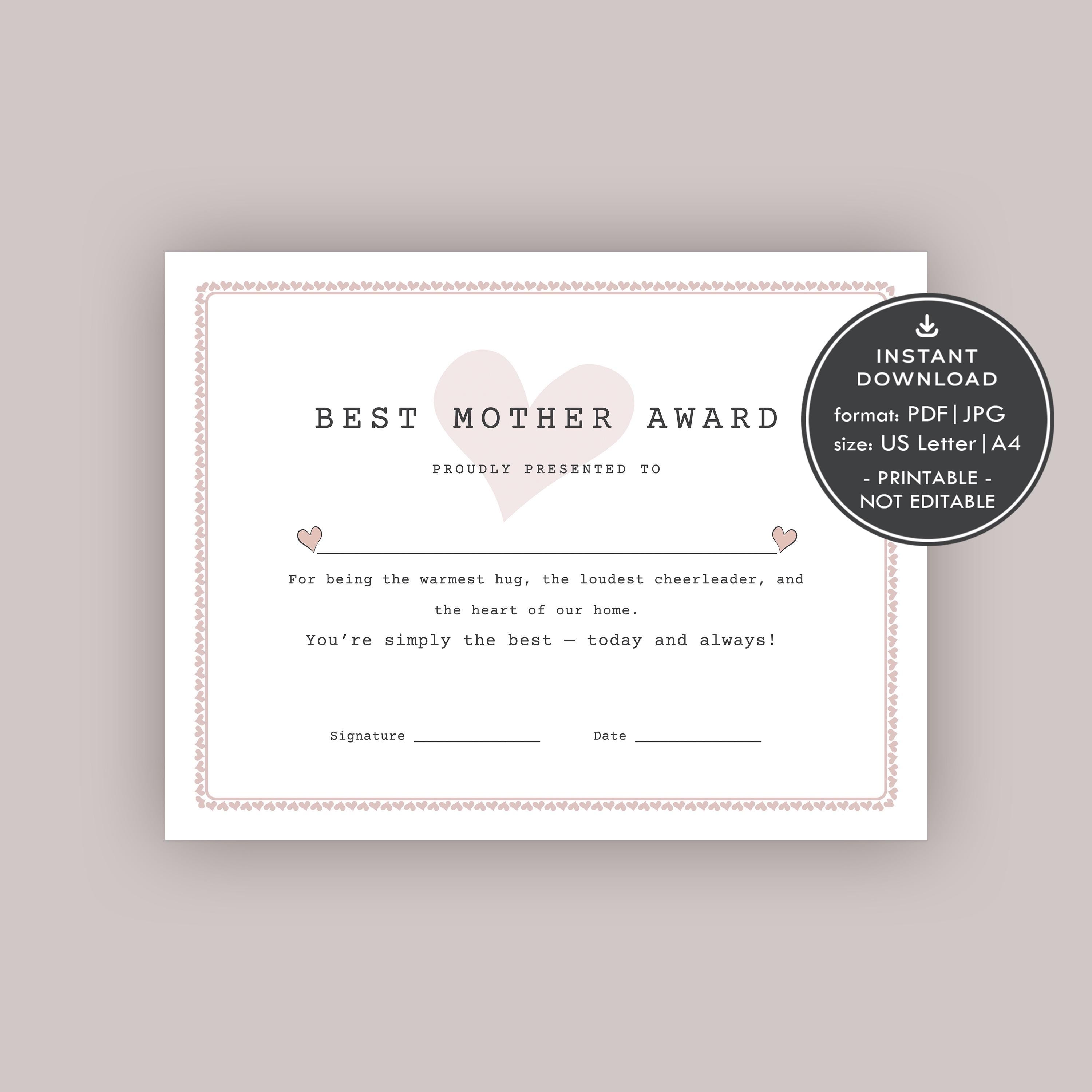 Printable Best Mom Award Certificate Mother’s Day Gift Award for Mom ...