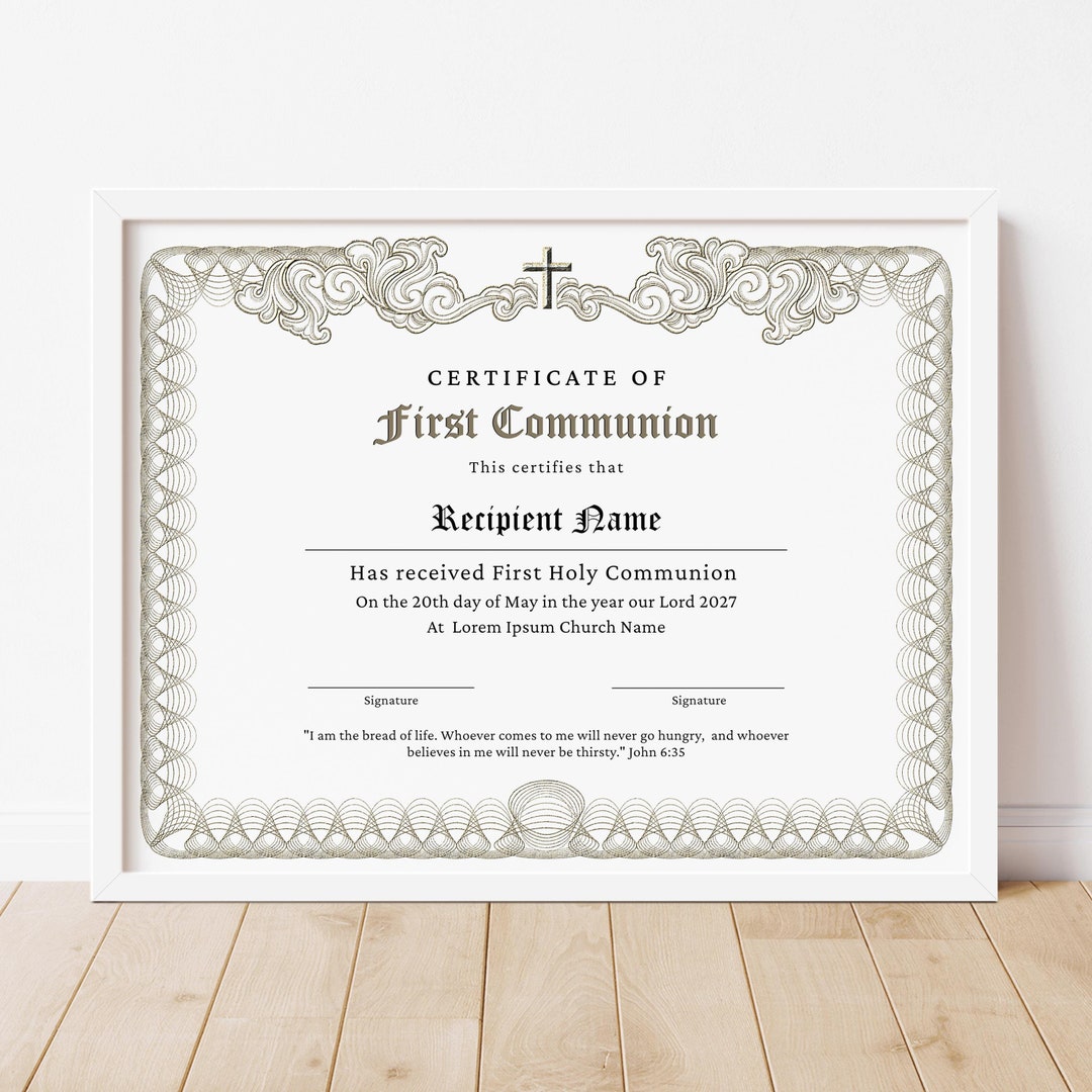 First Communion Certificate Template Editable Printable Certificate of ...