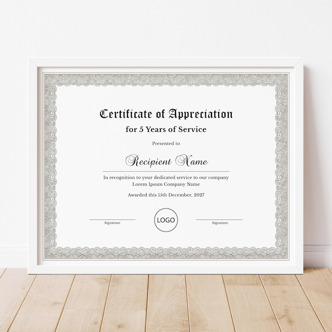 Years of Service Certificate of Appreciation Template, Editable ...