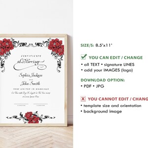 Gothic Wedding Certificate Template, Editable Printable Marriage ...