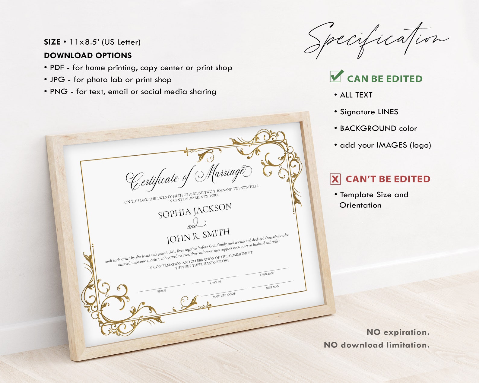 Editable Certificate of Marriage, Wedding Keepsake Certificate Template ...