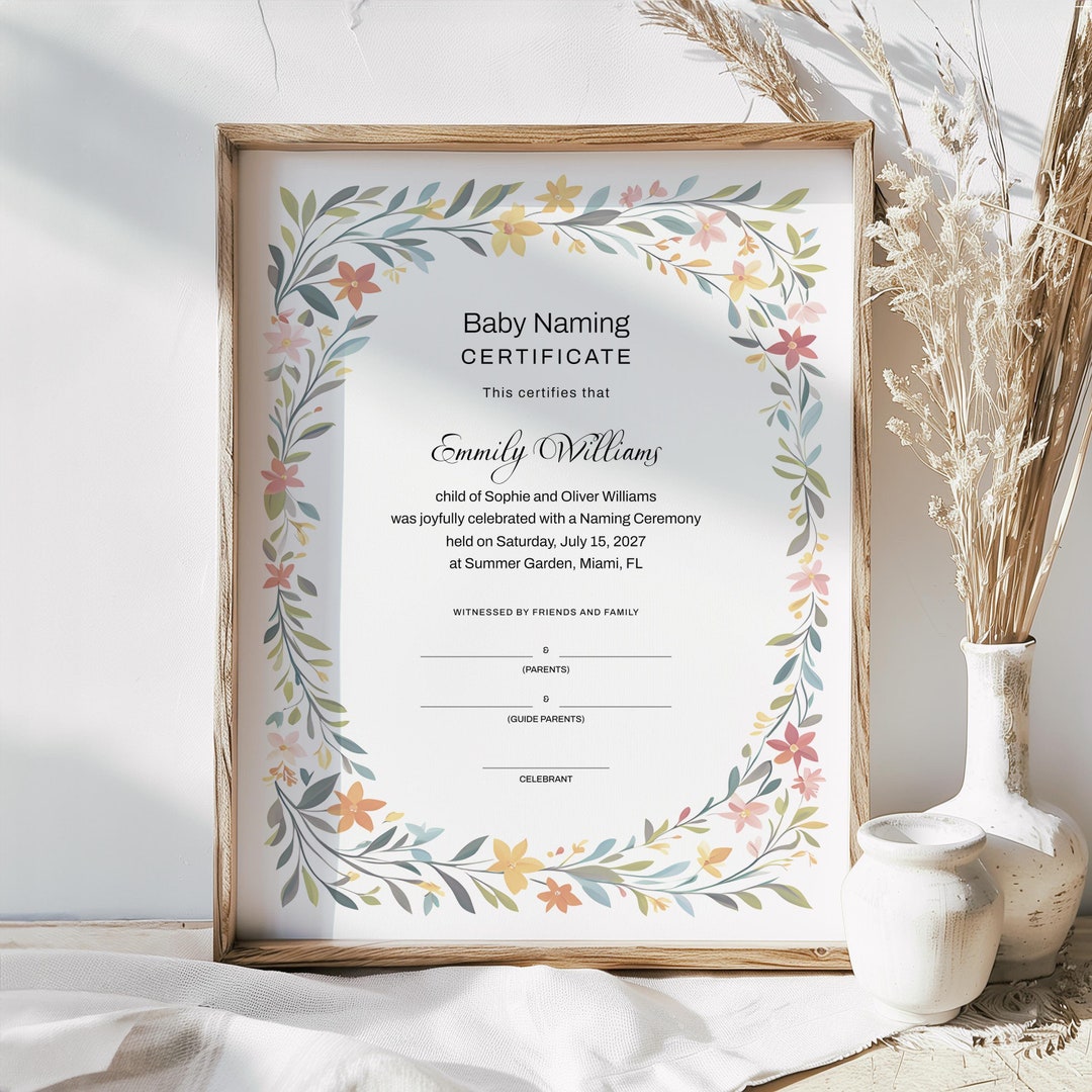Cute Baby Naming Certificate Template Editable Printable Certificate of ...