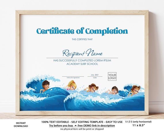 EDITABLE Swimming Certificate Template Sports Certificate - Etsy