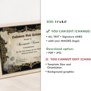 Vintage Halloween Best Costume Certificate Template EDITABLE Costume ...