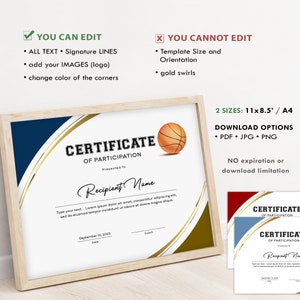 Editable Basketball Certificate Template Sports Basketball Award ...
