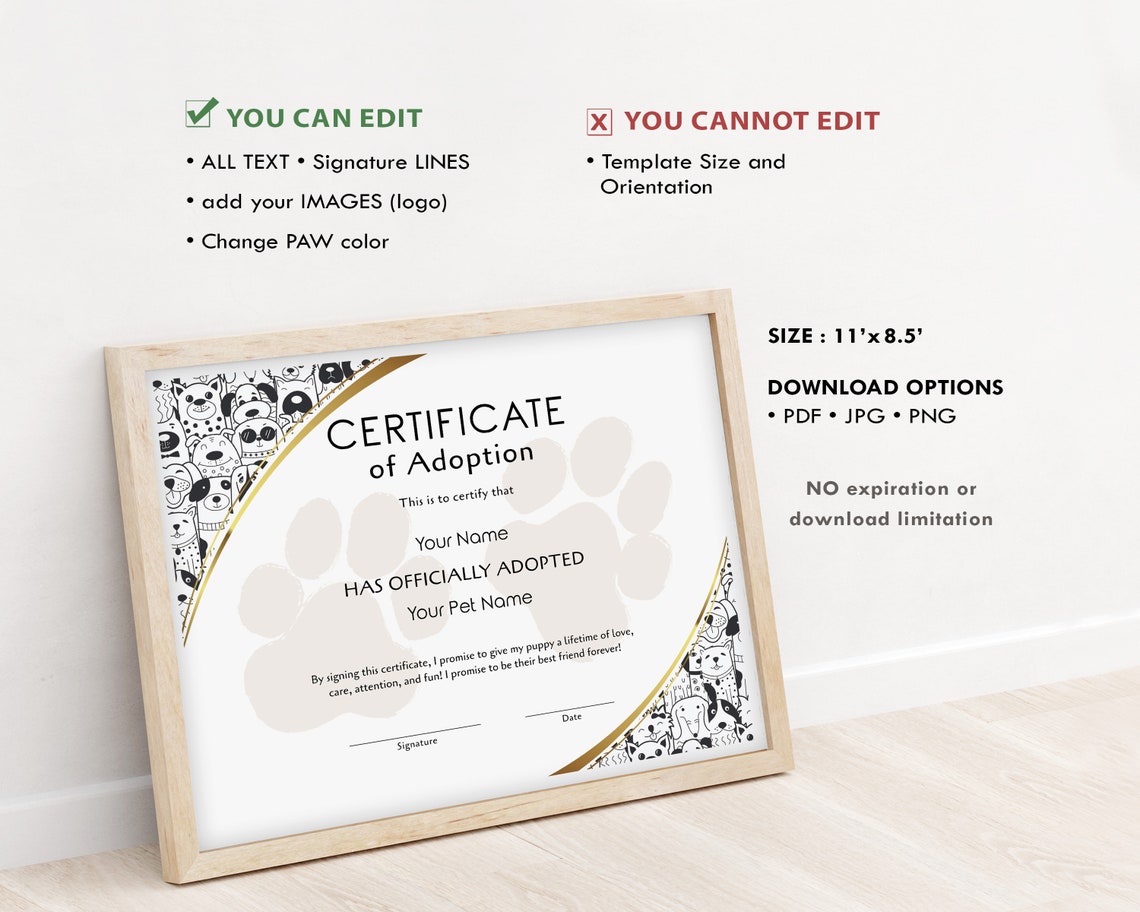 EDITABLE Puppy Adoption Certificate Template Gift Certificate - Etsy UK
