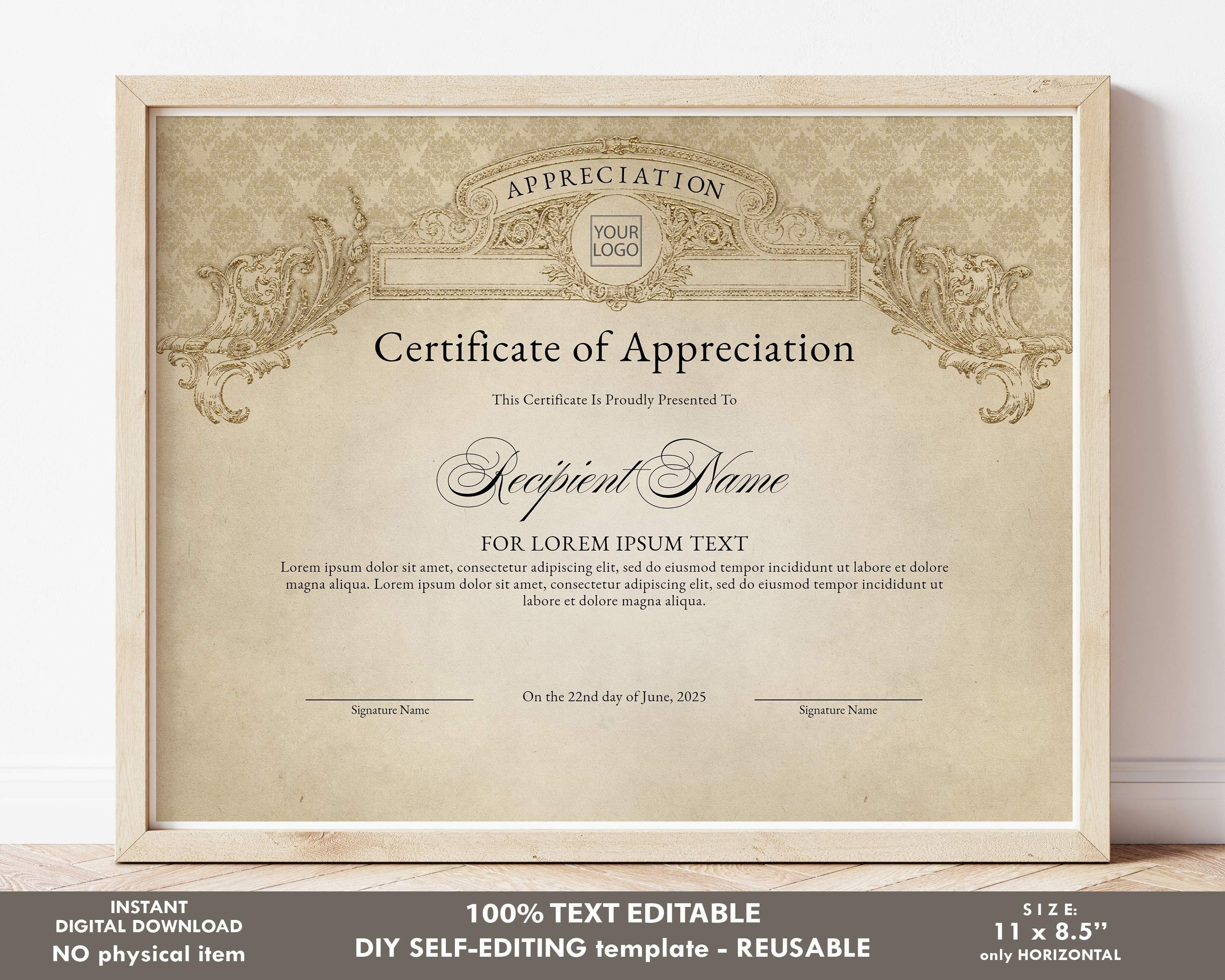 Certificate of Appreciation Template Editable Printable - Etsy Australia