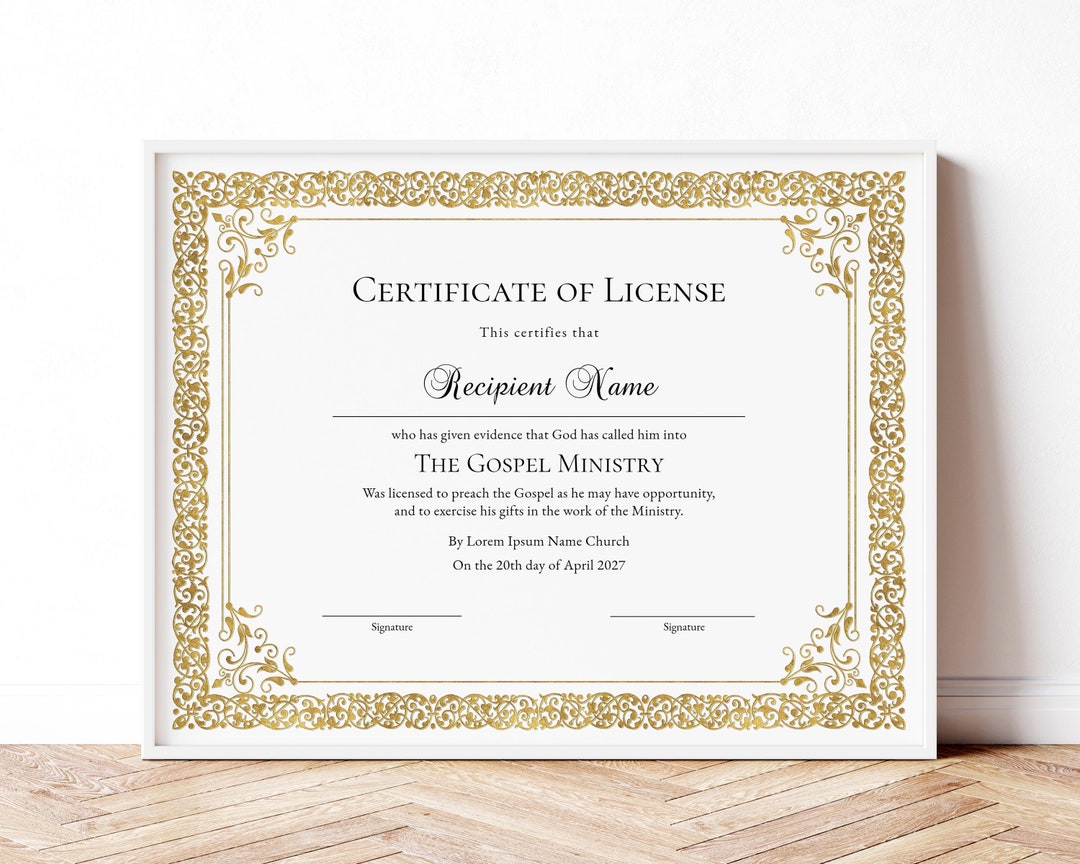 Editable Certificate of License to Preach, License Minister ...