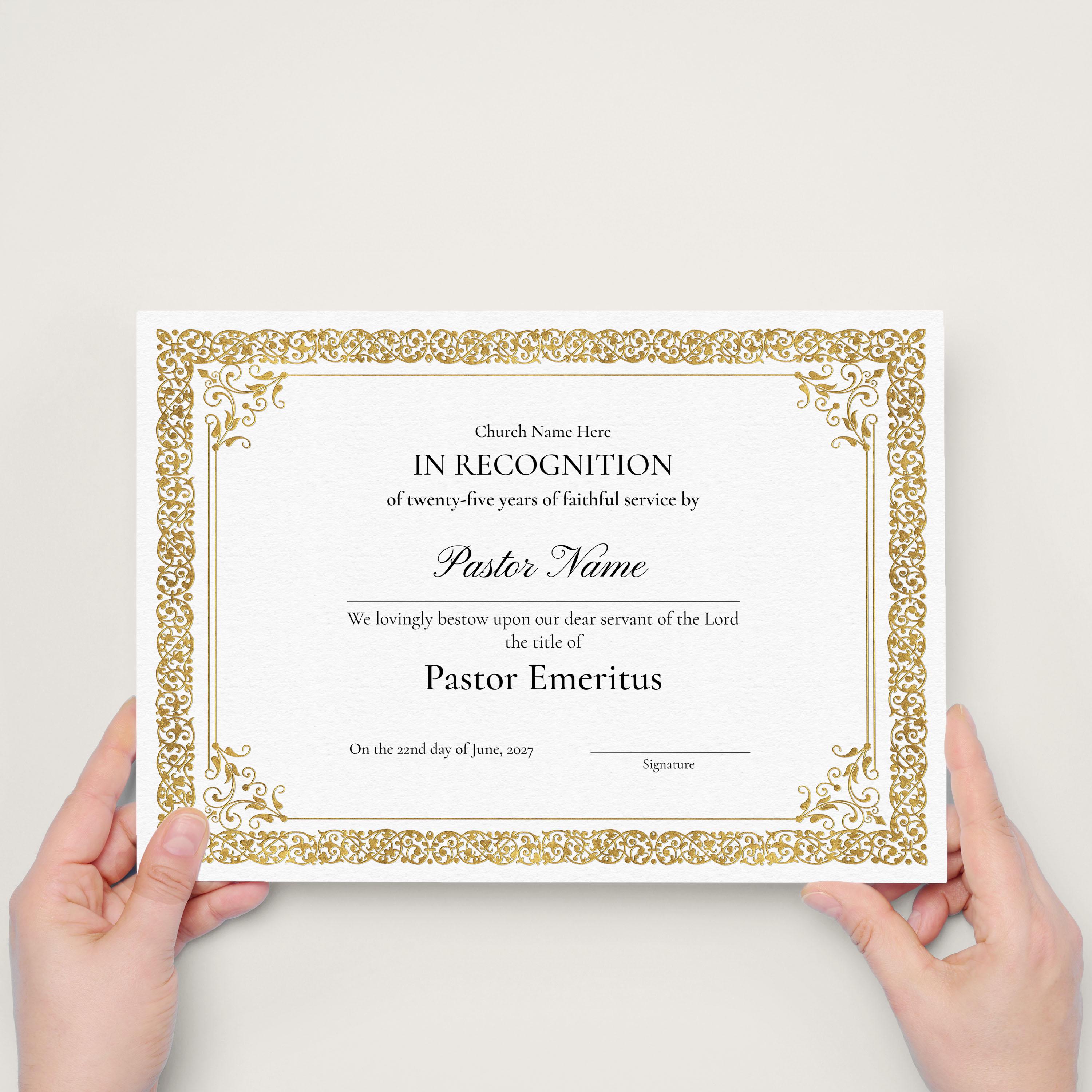 Pastor Emeritus Church Recognition Certificate Template, Church Award ...