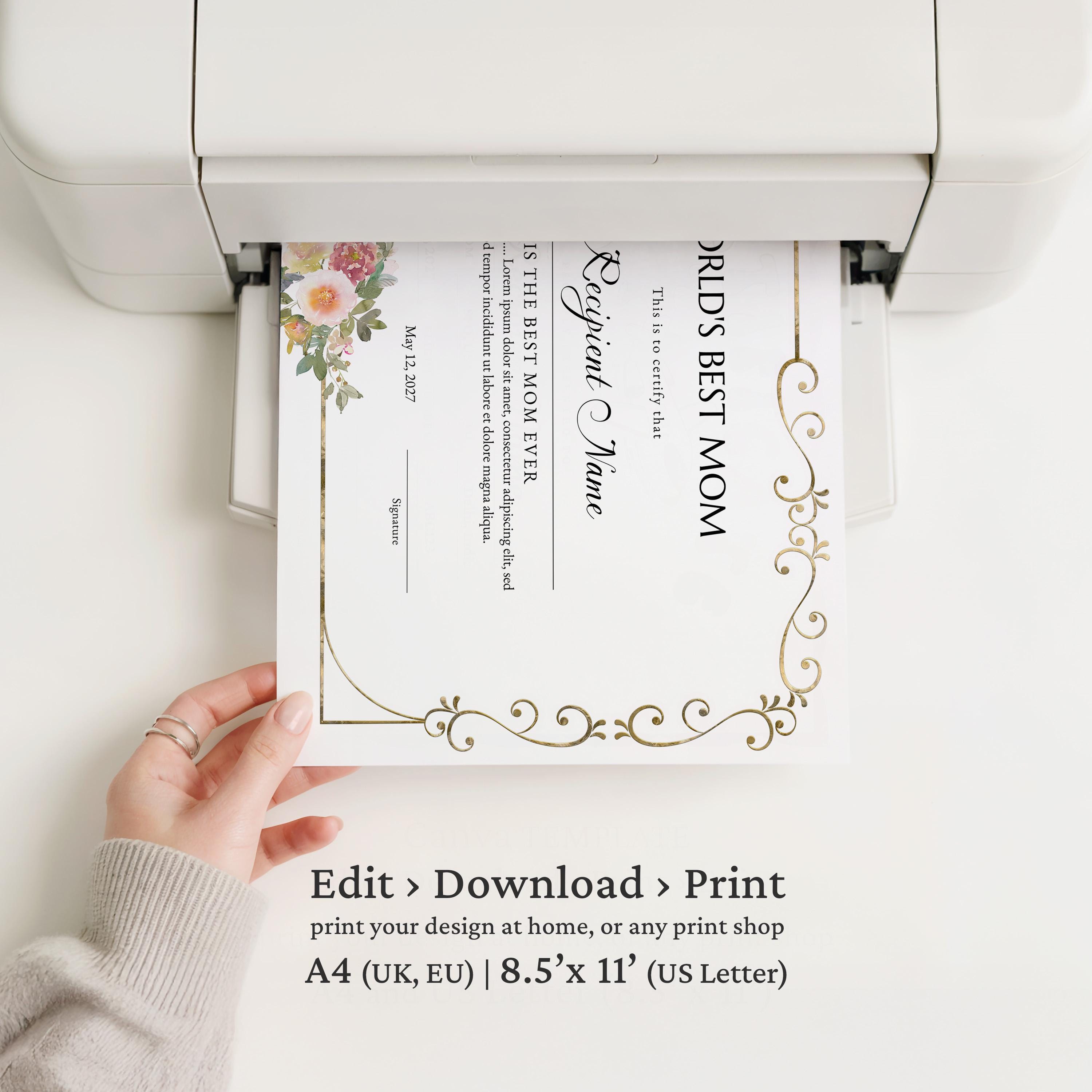Editable Best Mom Certificate Template Mother's Day Certificate Best ...