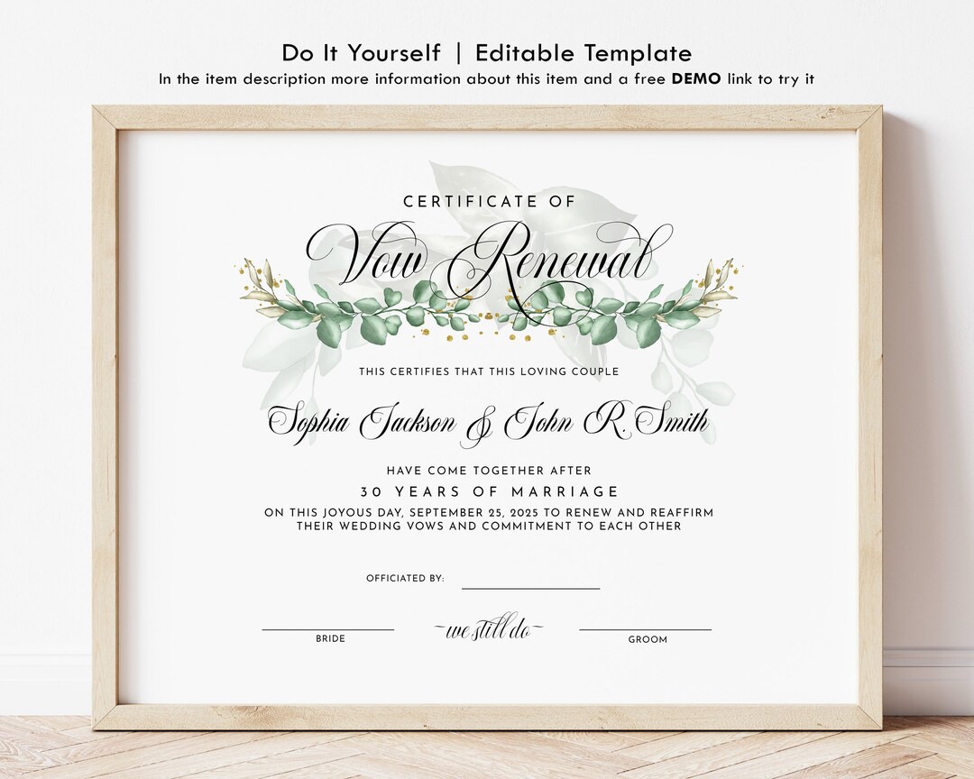 Vow Renewal Certificate Editable Printable Wedding - Etsy