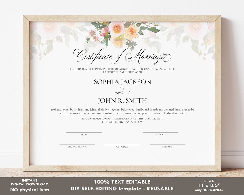 Editable Certificate of Marriage, Wedding Keepsake Certificate Template ...