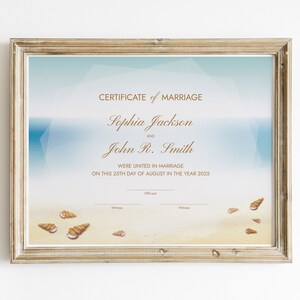 Beach Wedding Ceremony Certificate Template Editable Summer Beach ...
