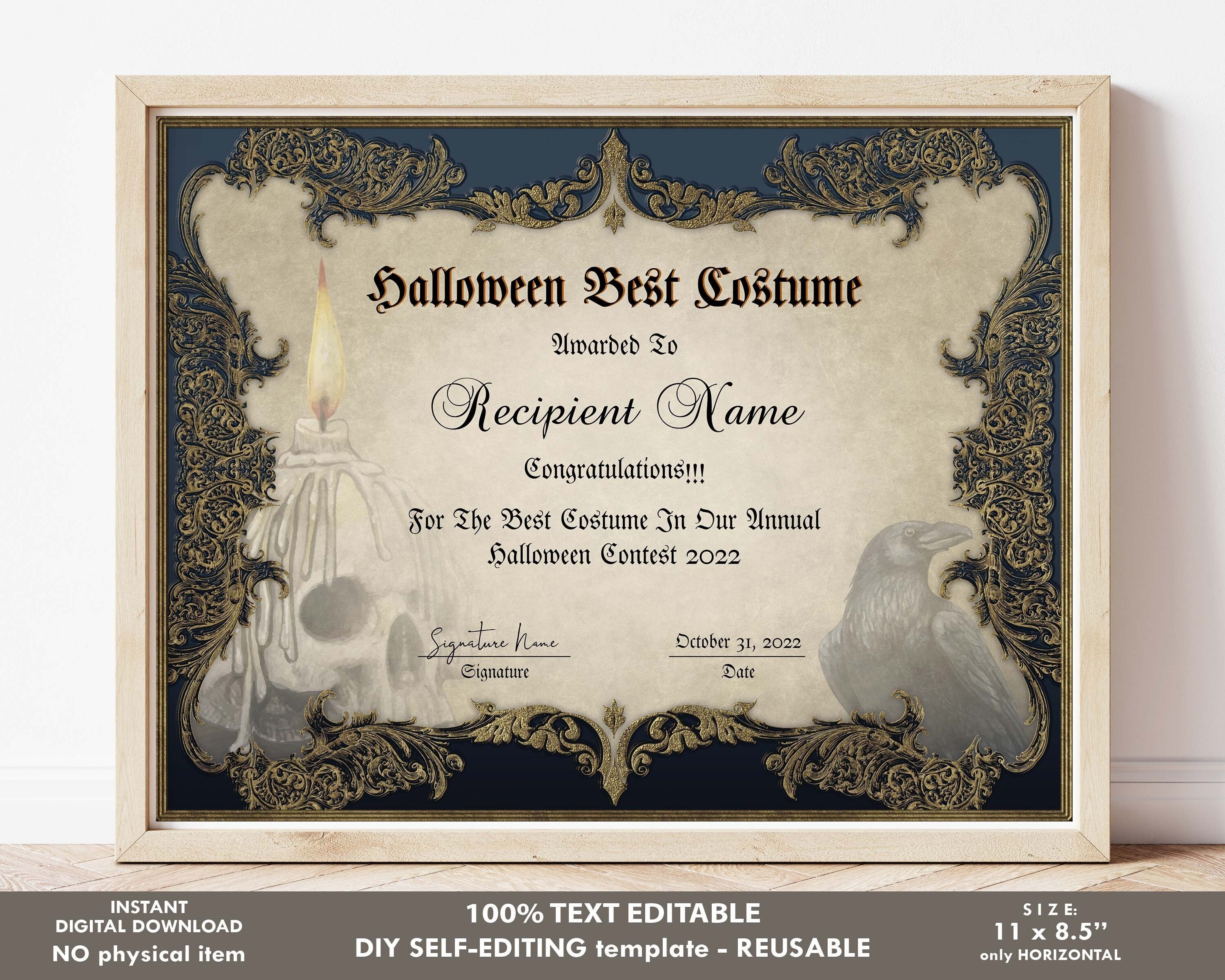 Skull Crow Halloween Best Costume Certificate Template - Etsy