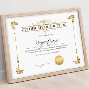 Certificate of Adoption to Our Family Editable Printable | Etsy
