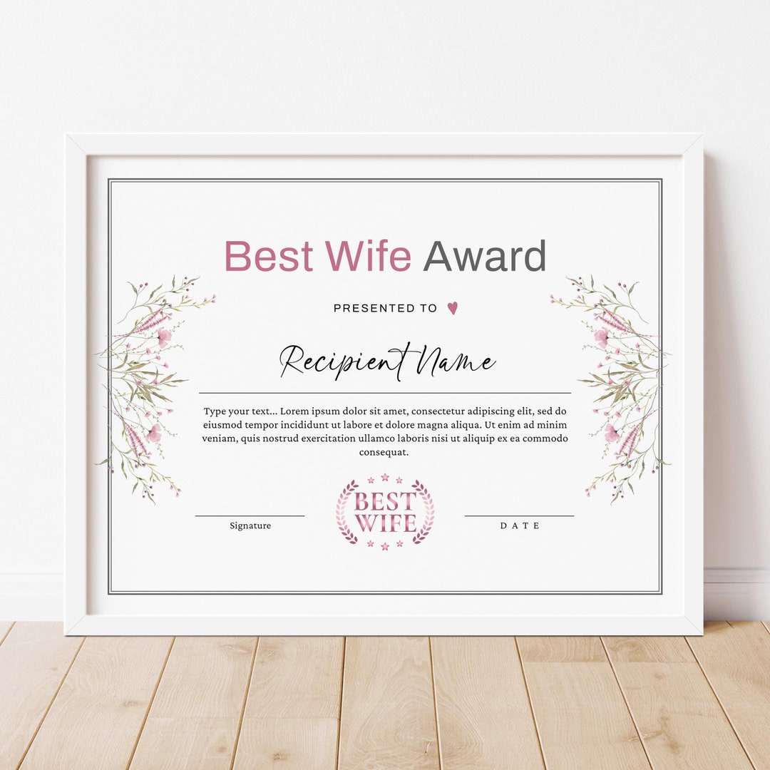 Best Wife Certificate Award Template, Editable Printable Best Wife Gift ...