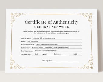 Printable Certificate of Authenticity for Artists / Painters - Digital ...