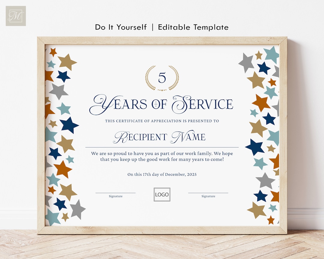 5 Years of Service Anniversary Award Certificate of Appreciation ...