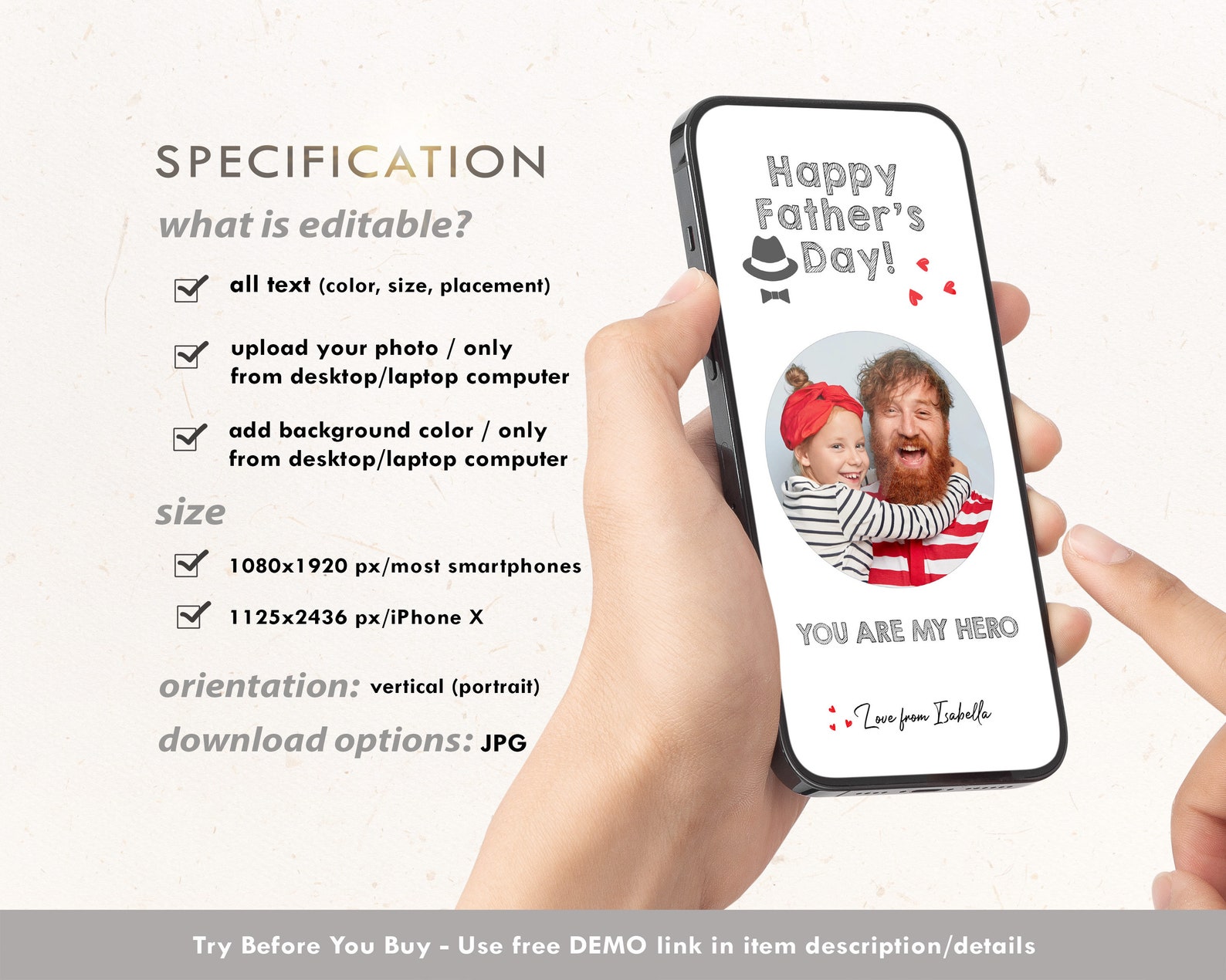Happy Father's Day Electronic Card EDITABLE Photo Template Gift for ...
