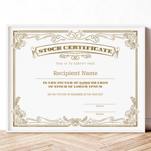 EDITABLE Stock Certificate Template, Printable Certificate of Stock ...