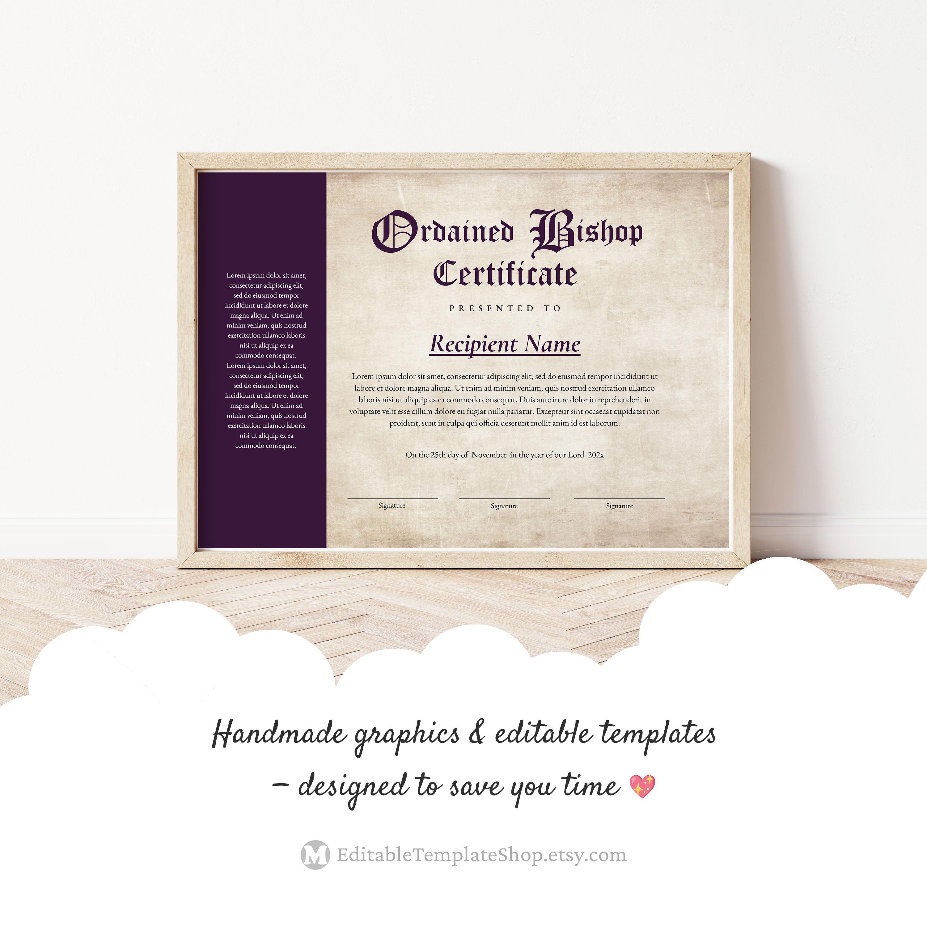 Editable Ordained Bishop Certificate Template, Ordination Certificate ...