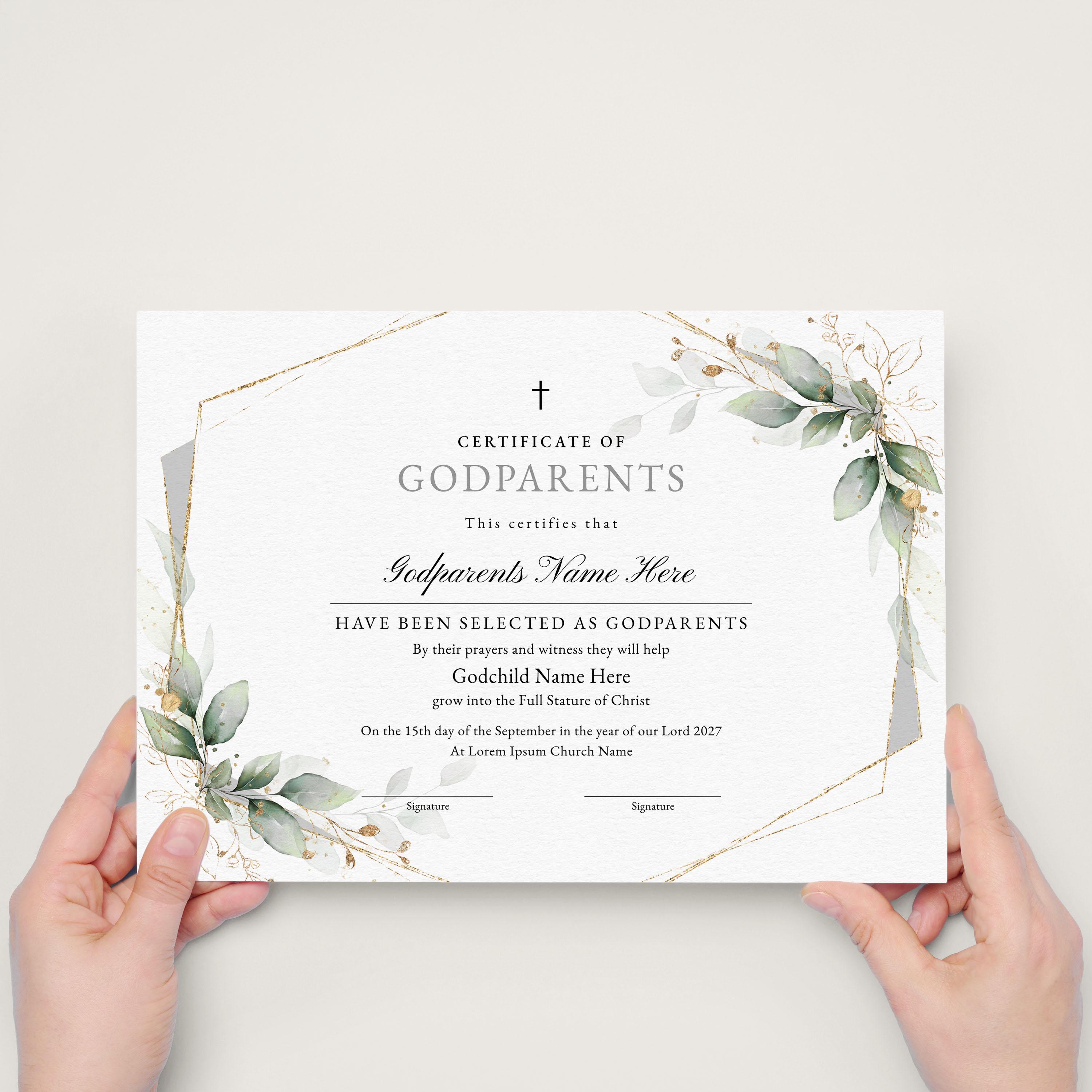 Editable Godparents Certificate Template Godparents Gift Christening ...