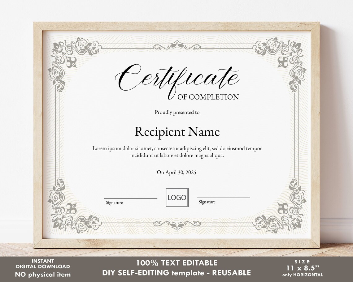 Editable Certificate of Completion Course Completion Award - Etsy