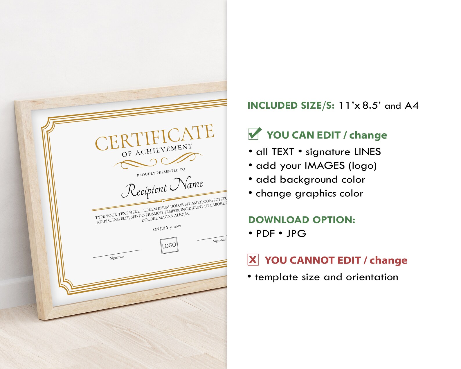 Editable Achievement Certificate Template, Employee Appreciation Award ...