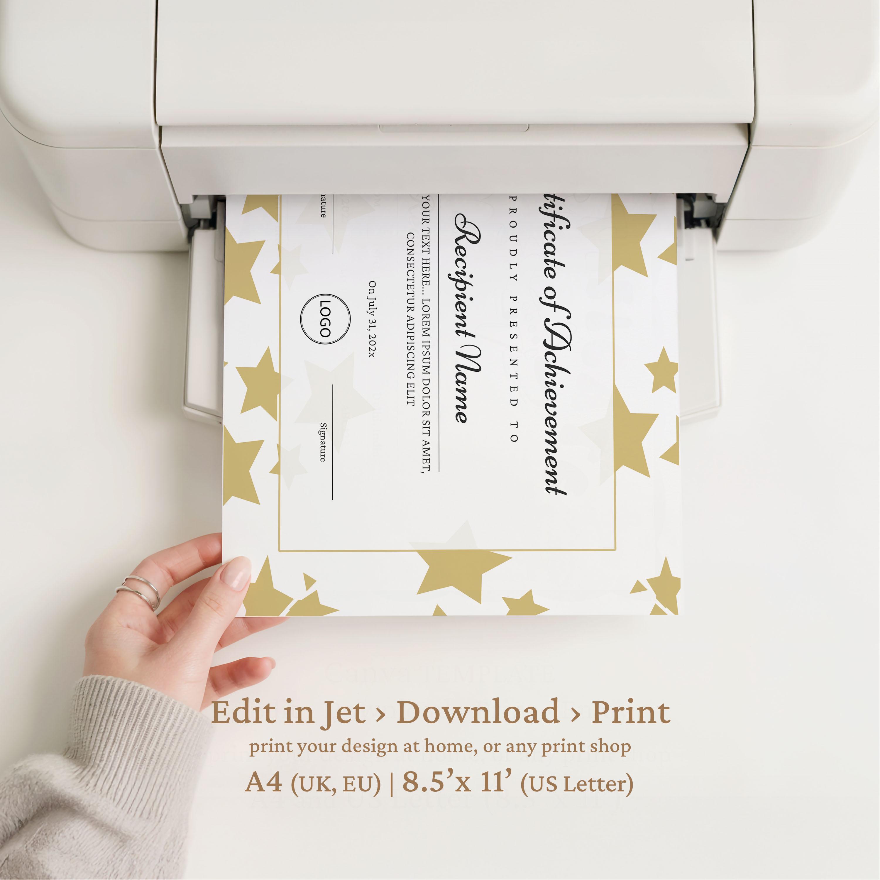 Editable Stars Award Certificate Template, Printable Achievement ...